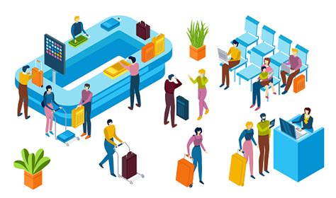 등록 공항 데스크 사람들은 체크인 수하물을 받고 캐릭터는 함께 흰색으로 격리된 비행기 3d 아이소메트릭 벡터 삽화를 기다립니다