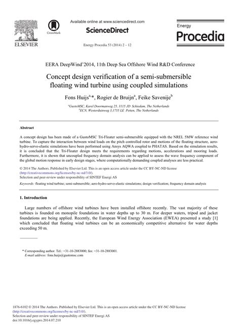 Pdf Concept Design Verification Of A Semi Submersible Floating Wind