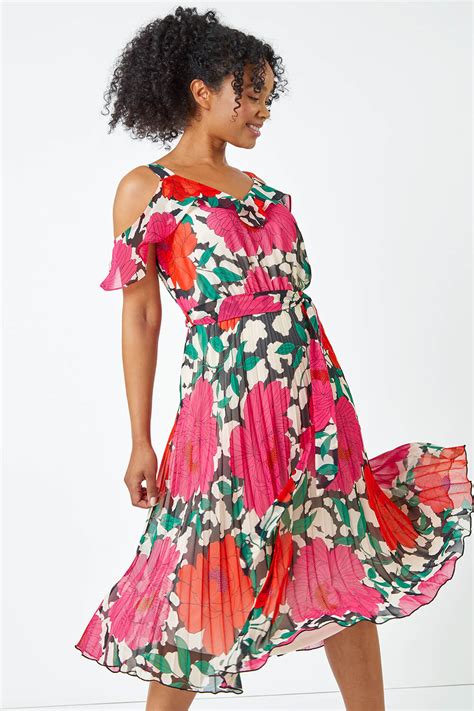 Petite Cold Shoulder Floral Midi Dress In Pink Roman UK