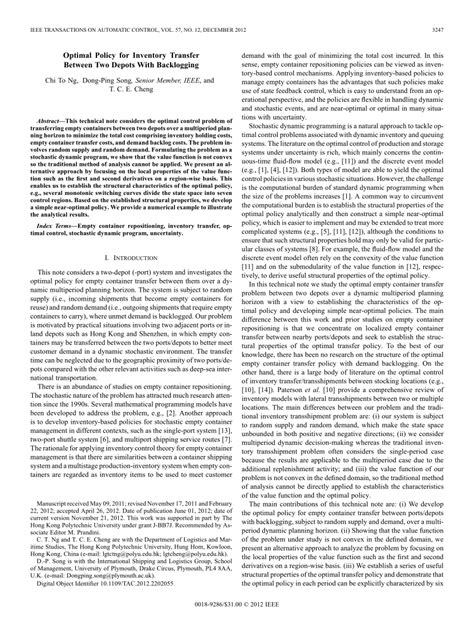 Pdf Optimal Policy For Inventory Transfer Between Two Depots With Backlogging
