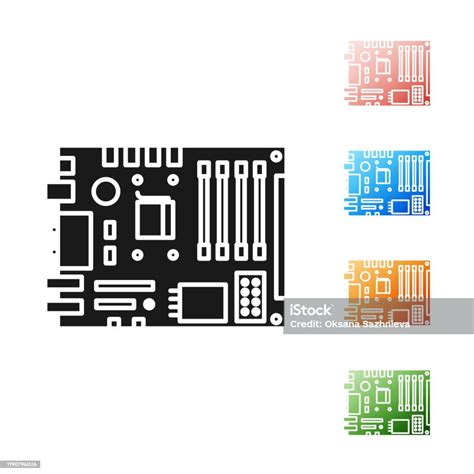 검은 전자 컴퓨터 구성 요소 마더 보드 디지털 칩 통합 과학 아이콘 흰색 배경에 격리 회로 기판 다채로운 아이콘을 설정합니다 벡터 일러스트레이션 Cpu에 대한 스톡 벡터