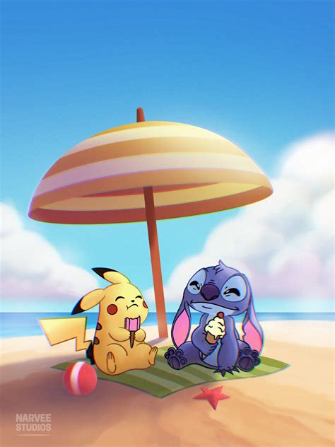 Artstation Pikachu And Stitch Having Ice Cream