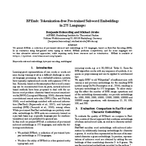 Bpemb Tokenization Free Pre Trained Subword Embeddings In 275