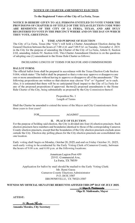 Charter Amendment Election City Of La Feria Tx