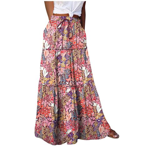 Lolmot Skirts For Women Floral Printing Long Skirts Casual Ruched