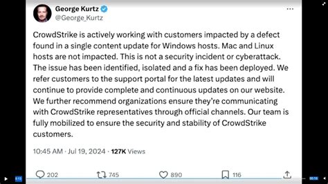 Ceo Crowdstrike โพสต์ทวิตเตอร์ระบุ การแก้ไขได้ถูกติดตั้งแล้ว
