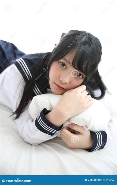 Portrait Japanese School Girl Sleeping In White Tone Bed Room Stock
