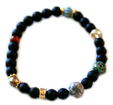 Black Glass And Colored Bead Bracelet Stretchcord Silver Hills Gems