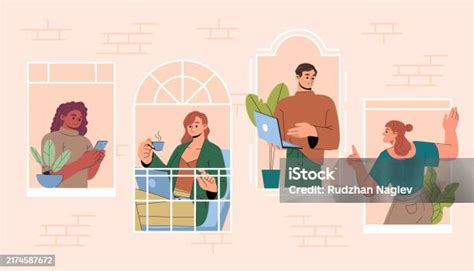 이웃에 있는 사람들 노트북을 든 남자와 뜨거운 음료와 화분을 든 여자 젊은 남자와 여자는 실내에서 의사 소통을 합니다 집에서 취미와 여가 평면 벡터 일러스트 레이 션 이웃에