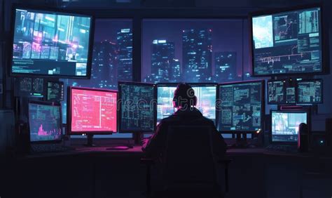 High Tech Control Room With Multiple Screens Displaying Data And City