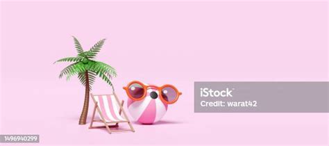 야자수 공 선글라스 분홍색 배경에 격리된 복사 공간이 있는 여름 바다를 위한 3d 해변 의자 여름 여행 개념 3d 렌더링 일러스트레이션 클리핑 경로 3차원 형태에 대한 스톡