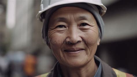A Smiling Senior Chinese Female Construction Worker Standing In