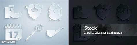 지팡이 마녀 가마솥 달력이 있는 성 패트릭의 날 흡연 파이프 콧수염 수염 전통 레프러콘 부츠 아이콘을 설정합니다 벡터 3월에