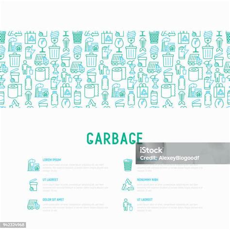 얇은 선 아이콘으로 쓰레기 개념 쓰레기통 유기 쓰레기 쓰레기 트럭 유리 재활용된 종이 알루미늄 배터리 플라스틱 병 현대 벡터