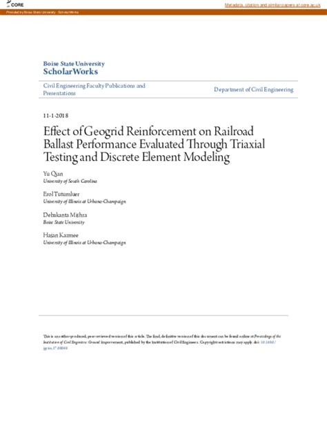 pdf effect of geogrid reinforcement on railroad ballast performance evaluated through triaxial