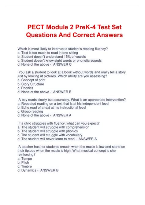 PECT Module 2 PreK 4 Test Set Questions And Correct Answers PECT