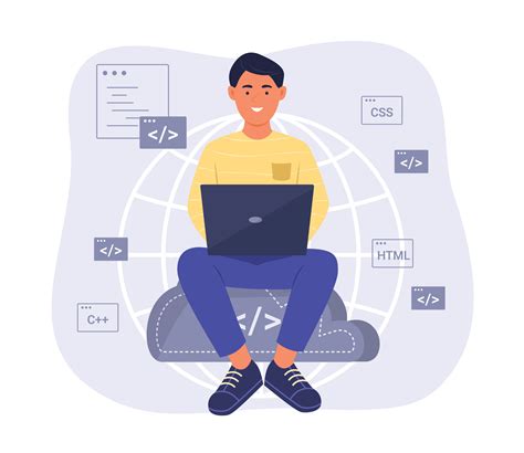 Programmer Man Sitting On Cloud Computing Symbol And Process Coding For