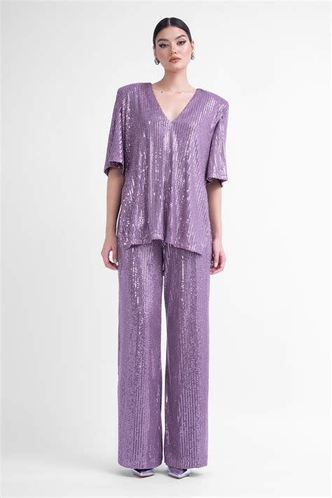 Lila Sequin Embellished High Waist Trousers Bluzat