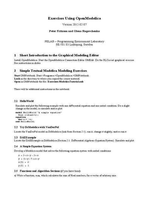 Exercises Modelica Tutorial Pdf Equations Areas Of Computer Science