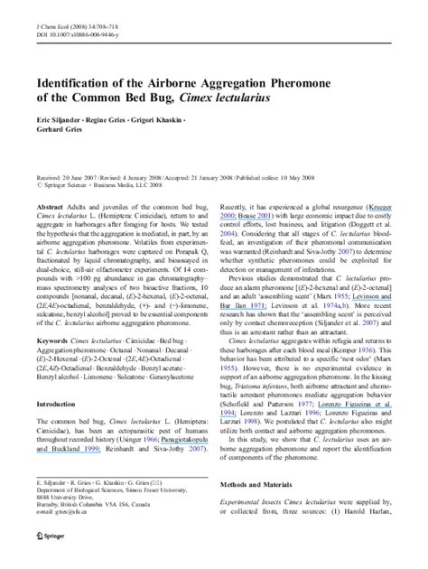 Pdf Identification Of The Airborne Aggregation Pheromone Of The
