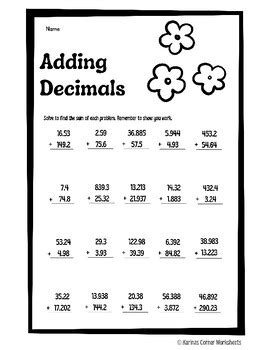 Adding Decimals Worksheet By Karinas Corner Worksheets TPT