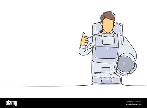 Continuous One Line Drawing Astronauts With A Thumbs Up Gesture Wearing Spacesuits To Explore