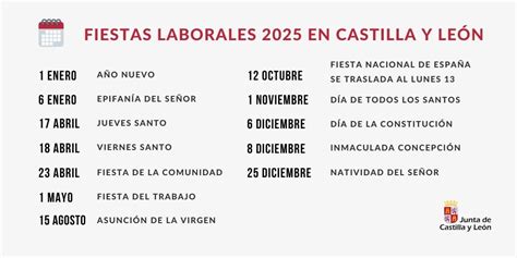 Calendario de Fiestas laborales 2025 en Castilla y León TiétarTeVe