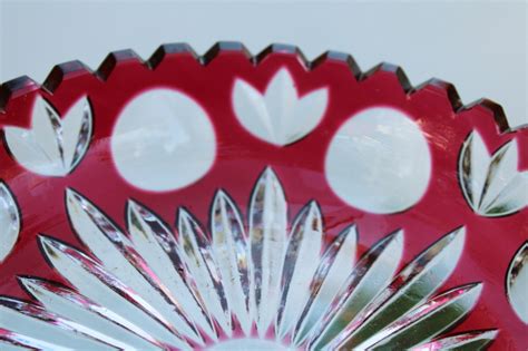 Vintage Crystal Ruby Red Cut To Clear Glass Bowl Trinket Or Candy Dish