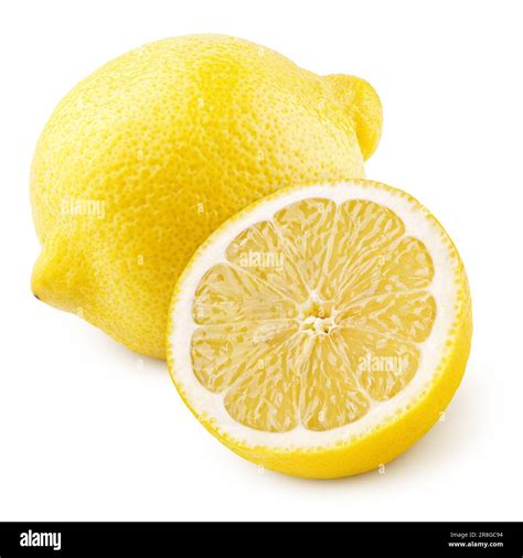 Ripe Full Yellow Lemon Citrus Fruit With Lemon Half Isolated On White