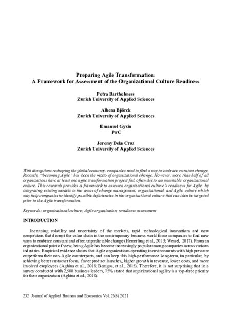 Pdf Preparing Agile Transformation A Framework For Assessment Of The Organizational Culture