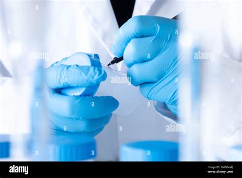 Close Up Left Handed Woman Scientist Labeling Samples With Blue Gloves