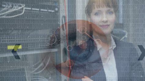 Animation Of Binary Coding And Shapes Over Caucasian Woman In Server
