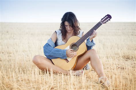 Guitar Women Sitting Field Women Outdoors Model Musical Instrument