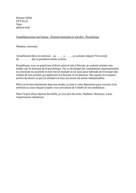 Lettre De Motivation Parcoursup Licence Psychologie Prénom Nom Cp