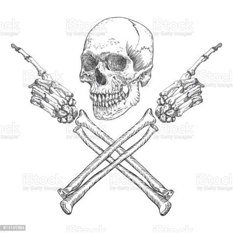 해골과 교차 된 뼈의 제스처와 손을 했다 수 제 자세한 도면입니다 벡터 일러스트입니다 공포 무서움에 대한 스톡 벡터 아트 및 기타 이미지 공포 무서움 금속 독극물