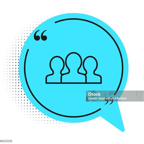 흰색 배경에서 격리된 블랙 라인 사용자 그룹 아이콘입니다 사람 아이콘 그룹입니다 비즈니스 아바타 기호 사용자 프로필 아이콘 파란색 음성 버블 기호입니다 벡터 개체 그룹에