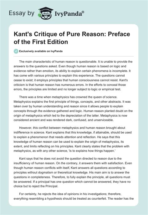 Kant S Critique Of Pure Reason Preface 1st Ed 435 Words Essay