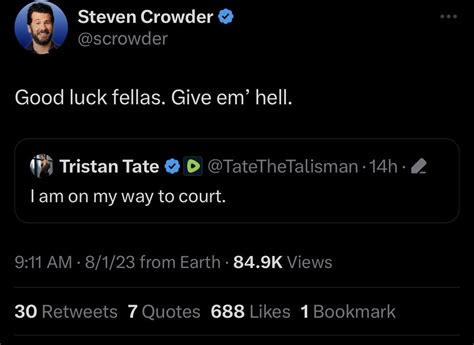 Steven Crowder Sends His Support To The Sex Trafficking Tate Brothers