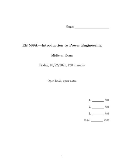 Ee 589a Introduction To Power Engineering Midterm Exam Friday 1022