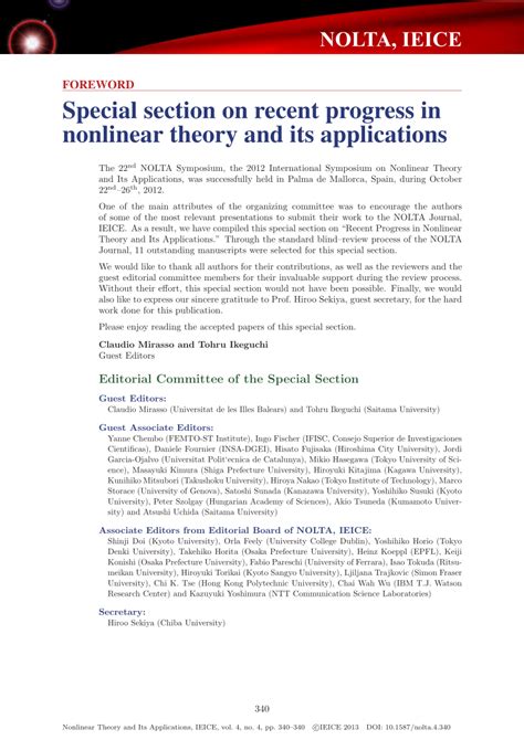 Pdf Special Section On Recent Progress In Nonlinear Theory And Its