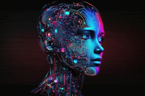Inteligencia artificial 3d o ia en imagen cabeza humanoide rostro robótico analizando flujo de