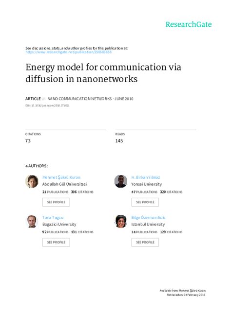 Pdf Energy Model For Communication Via Diffusion In Nanonetworks