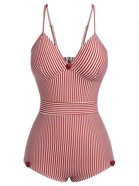 Red 1940s Spaghetti Strap Stripes One Piece Swimsuit Retro Stage