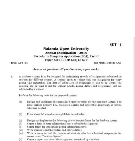 Nalanda Open University Bca Cs67p Rdbms Lab 2015 Question Paper