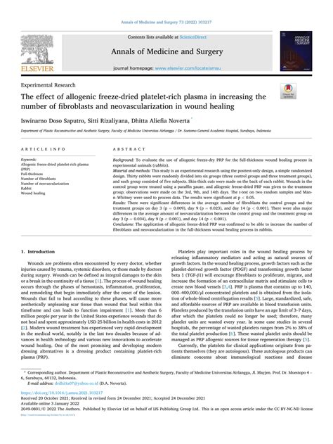 Pdf The Effect Of Allogenic Freeze Dried Platelet Rich Plasma In