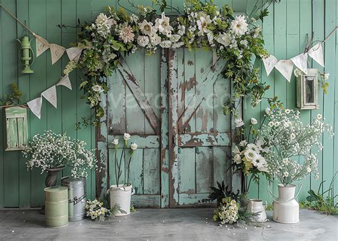 Avezano Spring Vintage Wooden Doors With White Flowers Photography Bac