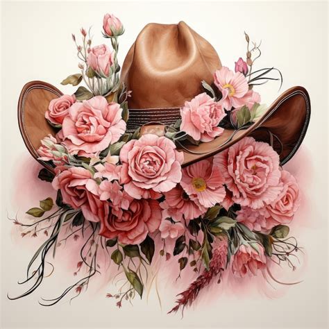 Watercolor Pink Cowgirl Hat With Roses Clipart Illustration Generative