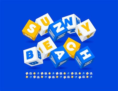 재미있는 3d 글꼴이 있는 벡터 크리에이 티브 엠블럼 써니 비치 큐빅 알파벳 문자와 숫자 세트 프리미엄 벡터