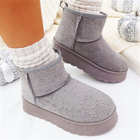 Lemonade Sparkly Bling Platform Mini Snugg Boots Grey Shoes From