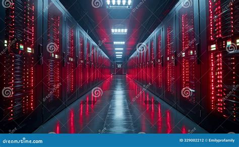 Advanced Data Center Corridor Illuminated By Red Lights In A Modern